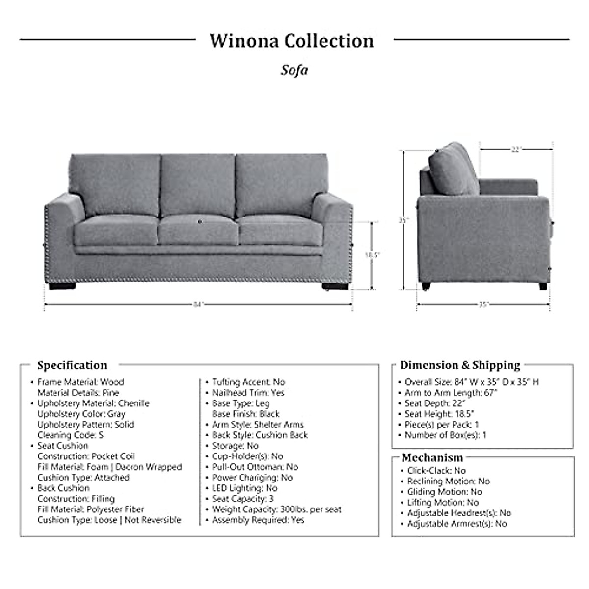 Lexicon Winona Living Room Sofa, Gray