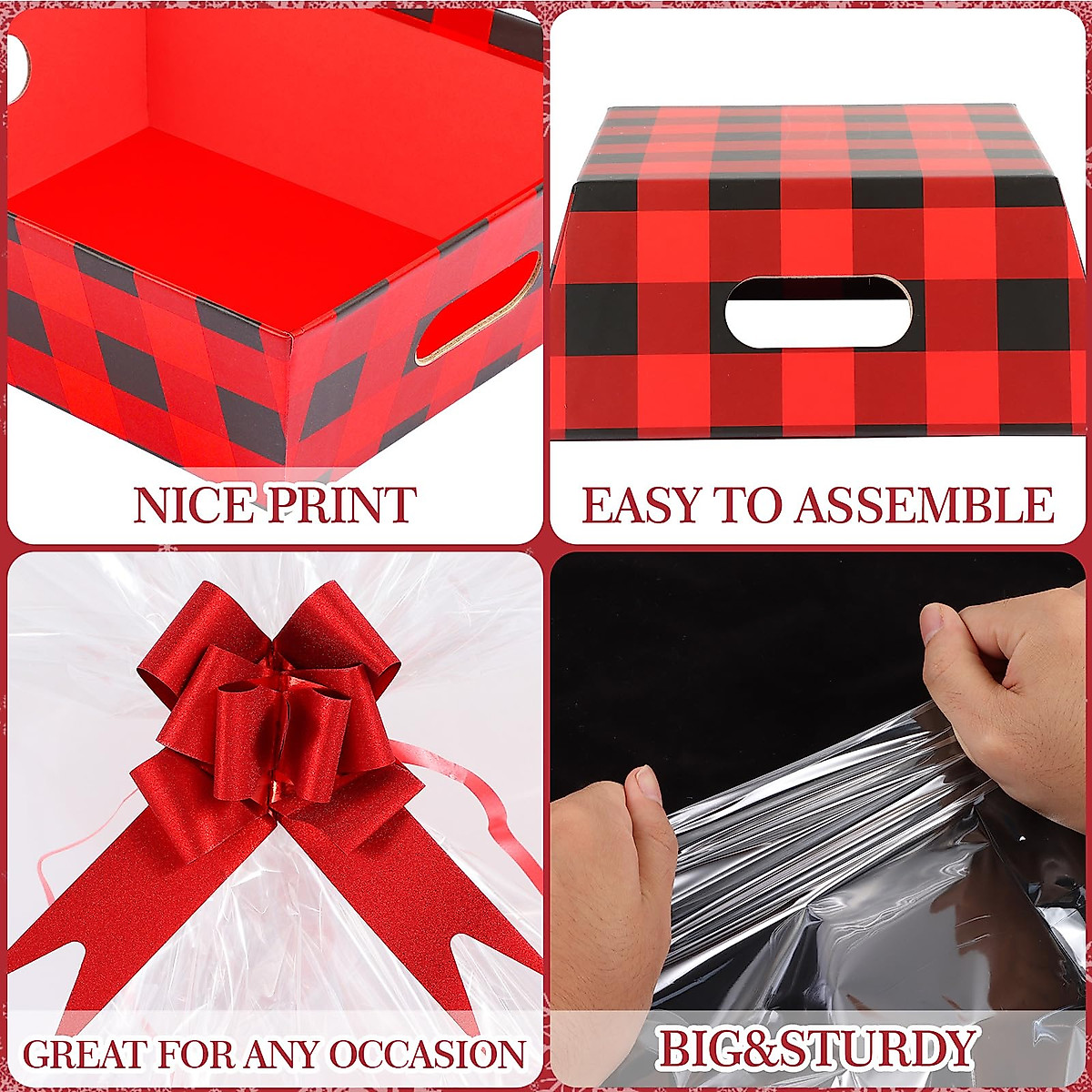 Kolewo4ever 36Pcs 12 Pack Christmas Basket Gift Set 8x10'' Gifts Baskets for Gifts Empty to Fill with Basket Empty, Basket Bags, Red Pull Bows for Christmas Holiday (Red and Black Plaid)
