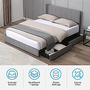Mjkone California King Platform Bed Frame with 4 Storage Drawers, Upholstered Modern Velvet Bed Frame with Adjustable Headboard, Wooden Strips Design/No Box Spring Needed/Easy Assembly (Dark Grey)