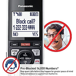 Panasonic Cordless Phone with Advanced Call Block, Link2Cell Bluetooth, One-Ring Scam Alert, and 2-Way Recording with Answering Machine, 5 Handsets - KX-TGF975B (Black with Silver Trim)
