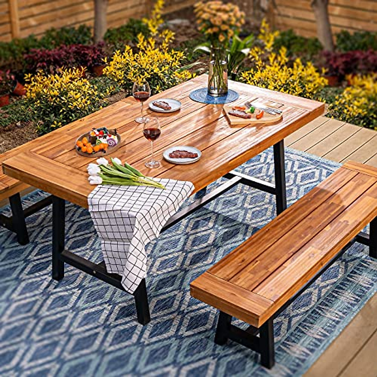 PHI VILLA Outdoor Table Bench Set of 3, 1 Wood Dining Table & 2 Wooden Benches, Premium Acacia Wood Patio Furniture Set for Porch Balcony Deck, Teak Color