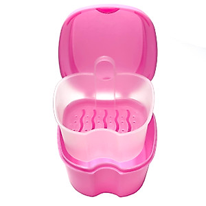 Denture Case, Denture Bath Denture Cup with Strainer,False Teeth Storage Box with Denture Brush Basket Net Container Holder for Travel, Retainer Cleaning 2Pack