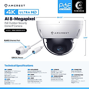 Amcrest UltraHD 4K (8MP) Outdoor Security POE IP Camera, 3840x2160, 98ft NightVision, 2.8mm Lens, IP67 Weatherproof, IK10 Vandal Resistant Dome, MicroSD Recording, White (IP8M-2493EW)