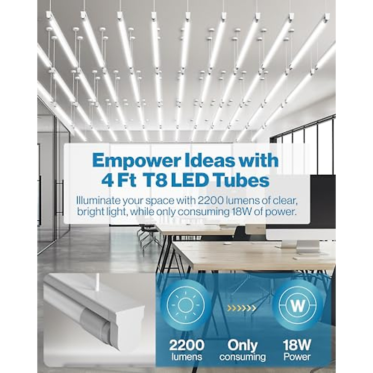 Sunco 10 Pack T8 LED Tubes 4FT Fluorescent Replacement, 48 Inch, 18W, 2200LM, 6000K Daylight Deluxe, Single Ended Power, Type B, Ballast Bypass, Frosted Lens UL