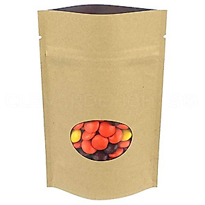 CleverDelights Kraft Window Stand Up Pouches - 2oz - 100 Pack - 4" x 6" x 2" - Resealable Bag
