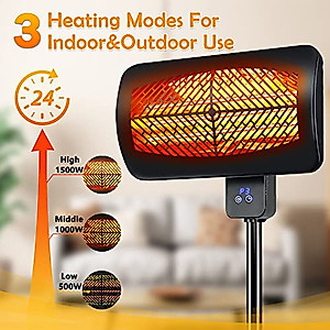 KEY TEK Outdoor patio Heater 1500w Garage Heater With Timer, 3 Modes Fast Heating , Height & Angle Adjustable ,Tip-Over & Overheat Protection, Wall-Mounted/Standing