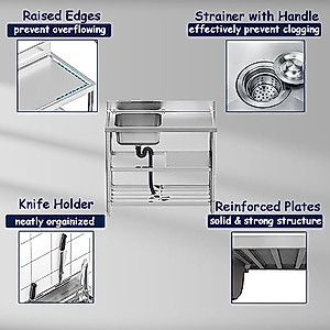 IOXGSGI Free Standing Stainless-Steel Single Bowl Commercial Restaurant Kitchen Sink Set W/Faucet & Drainboard, Prep & Utility Washing Hand Basin Wwworkbench & Double Storage Shelves (39.5In)