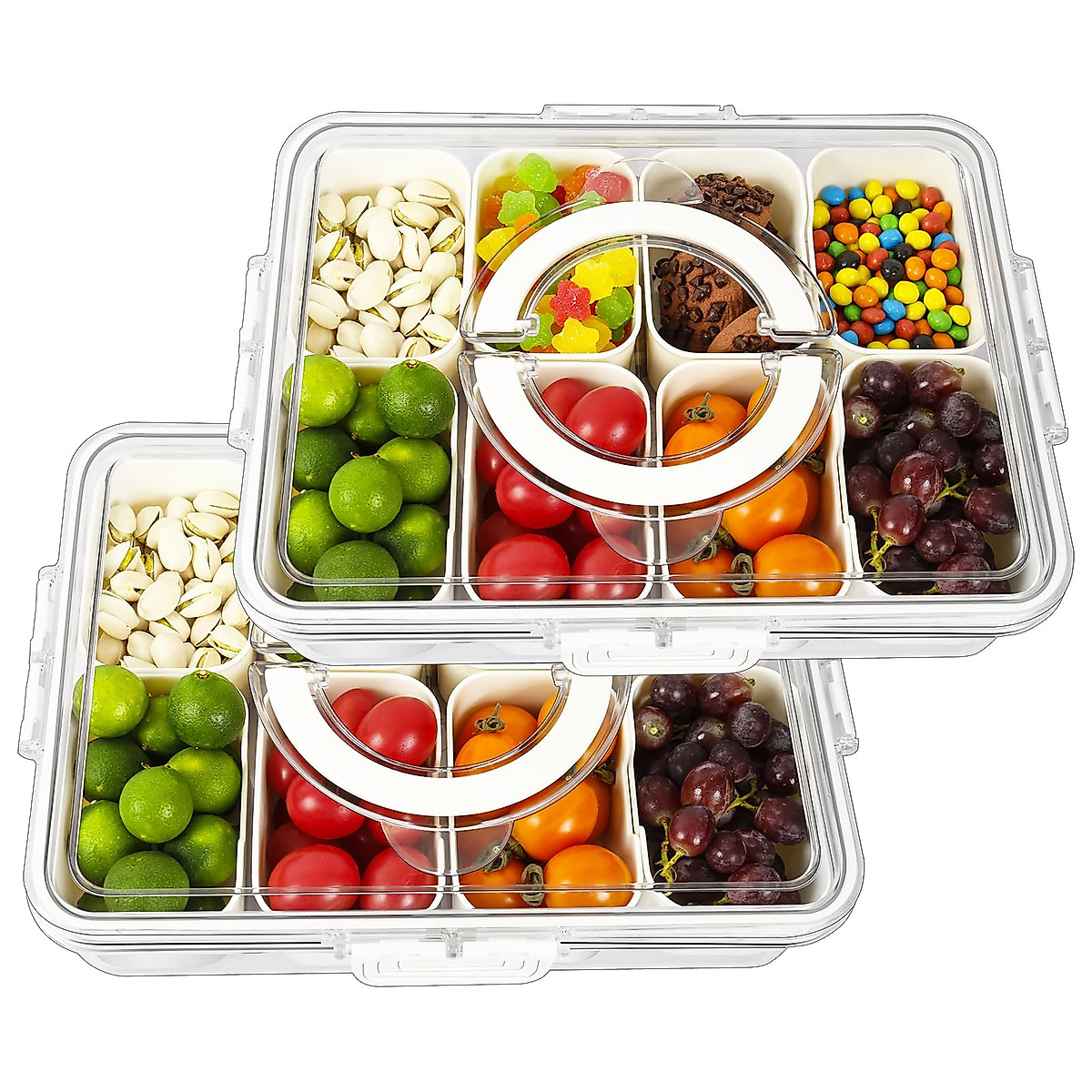 2 Pack Snack Box Containers with Lid and Handle, 8-Compartment Divided Serving Tray for Kids and Adults, Portable Snackle Box for Veggies, Fruit, and Snacks, Perfect for Travel, Camping, and Picnic
