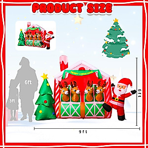 9 Ft Long Large Christmas Inflatable Santa Claus in Reindeer Stable with Christmas Tree, Blow Up Yard Decorations with LED Lights for Indoor Outdoor, Home, Xmas Party, Lawn, New Year