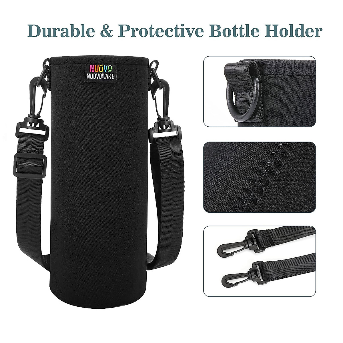 Nuovoware Water Bottle Carrier Bag, Premium Neoprene Portable Insulated Water bottle Sling Holder Bag 750ML with Adjustable Shoulder Strap for Men Women Kids Hiking, Sling Bottle Bag Case, Black