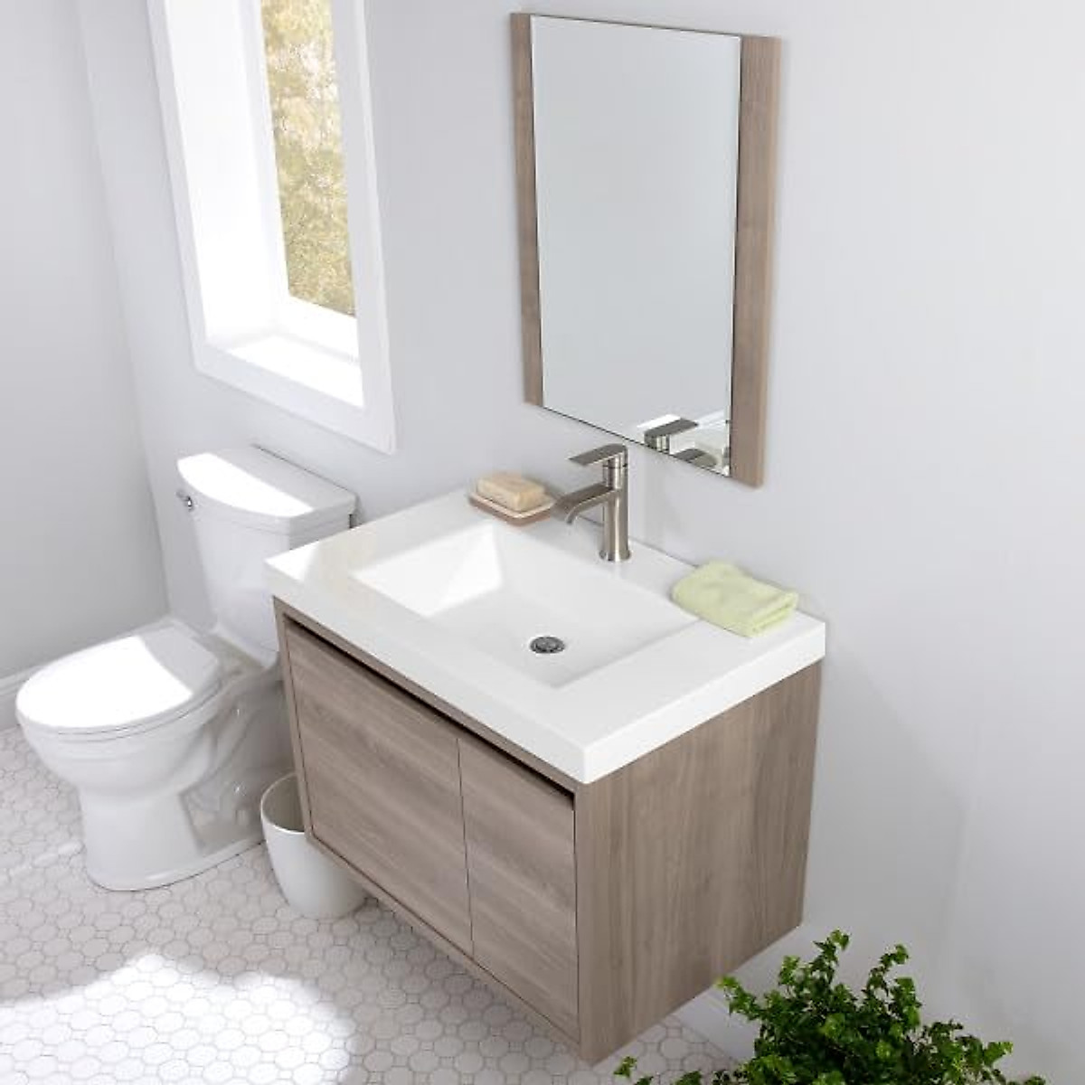 Spring Mill Cabinets Kelby 30 Inch Modern Floating Bathroom Vanity with White Single Sink Top, 1-Door Cabinet, 1 Soft-Close Drawer, 30.5" W x 18.75" D x 22.25" H, Forest Elm