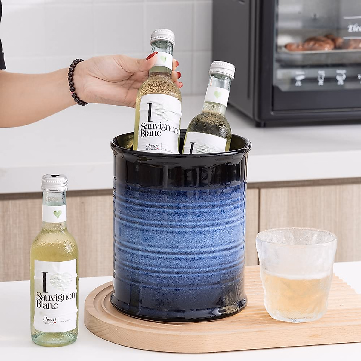 Nihow Kitchen Utensil Holder: 7.2 Inch Extra Large Ceramic Utensil Holder for Countertop - Stable Utensil Crock for Kitchen Counter Decor - Elegant Blue & Black (1PC)