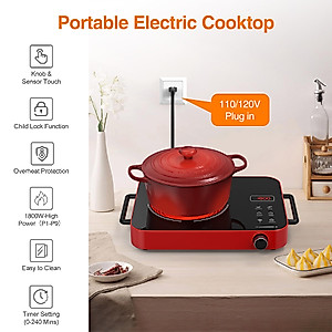 VBGK Electric Cooktop, 1800W Single Cooktops with 2 Handle, Electric Hot Plate for Cooking, Electric Stove top with 9 Power Level, 4H Timer Touch and Knob Control,Portable Induction Cooktop