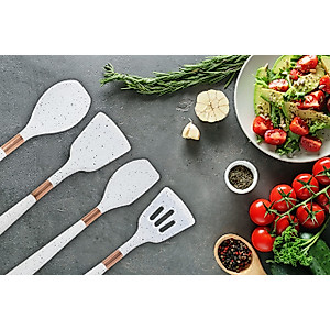 Chef Kitchen Cooking Utensils Set, Non-Stick Silicone Cooking Kitchen Utensil Set with Holder, Wooden Handle Silicone Kitchen Gadgets Utensil Set (White)