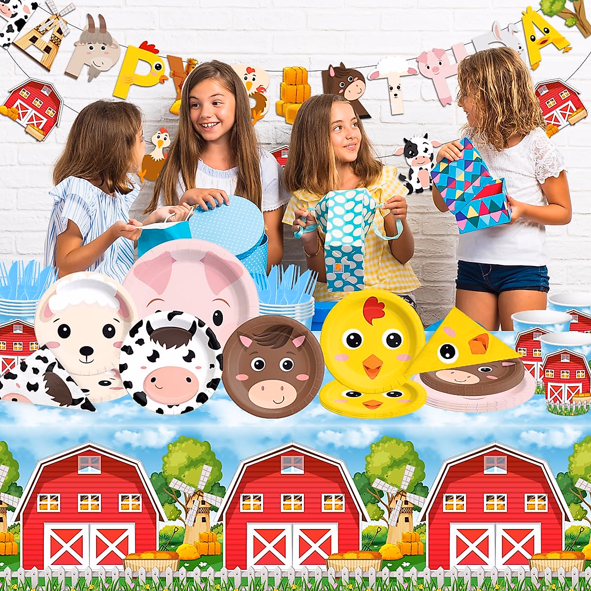 Farm Birthday Decorations-142Pcs Farm Animals Tableware Barnyard Themed Plates and Napkins Kit Farm Birthday Party Supplies for 20 Guest