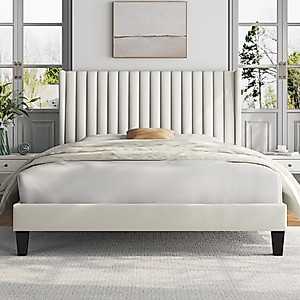 Yaheetech Queen Bed Frame Upholstered Platform Bed with Fabric Headboard, Wing Edge Design/Non-Slip and Noise-Free/Wooden Slats Support/No Box Spring Needed/Easy Assembly, Beige Queen Bed