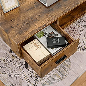 Iwell Mid Century Coffee Table with Drawer and Storage Shelf for Living Room, Wood Cocktail Table, Accent TV Table for Reception Room/Office, Easy to Assemble, Rustic Brown