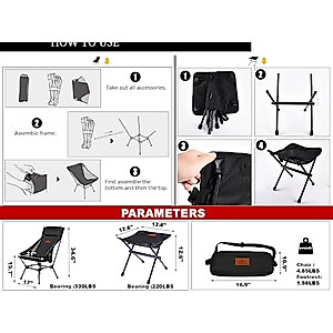 AnYoker Camping Chair, 2 Way Compact Backpacking Chair, Portable Folding Chair, Beach Chair with Side Pocket, headrest and Foot Rest, Lightweight Hiking Chair 01666 （Black）