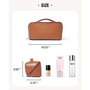 EACHY Travel Makeup Bag,Large Capacity Cosmetic Bags for Women,Waterproof Portable Pouch Open Flat Toiletry Bag Make up Organizer with Divider and Handle (Large-Brown, Large)