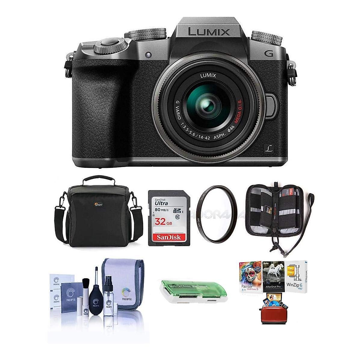 Panasonic Lumix DMC-G7 Mirrorless Camera with 14-42mm Lens Silver - Bundle with Camera Case, 32GB SDHC Card, Cleaning Kit, Memory Wallet, Card Reader, 46mm UV Filter, Mac Software Package