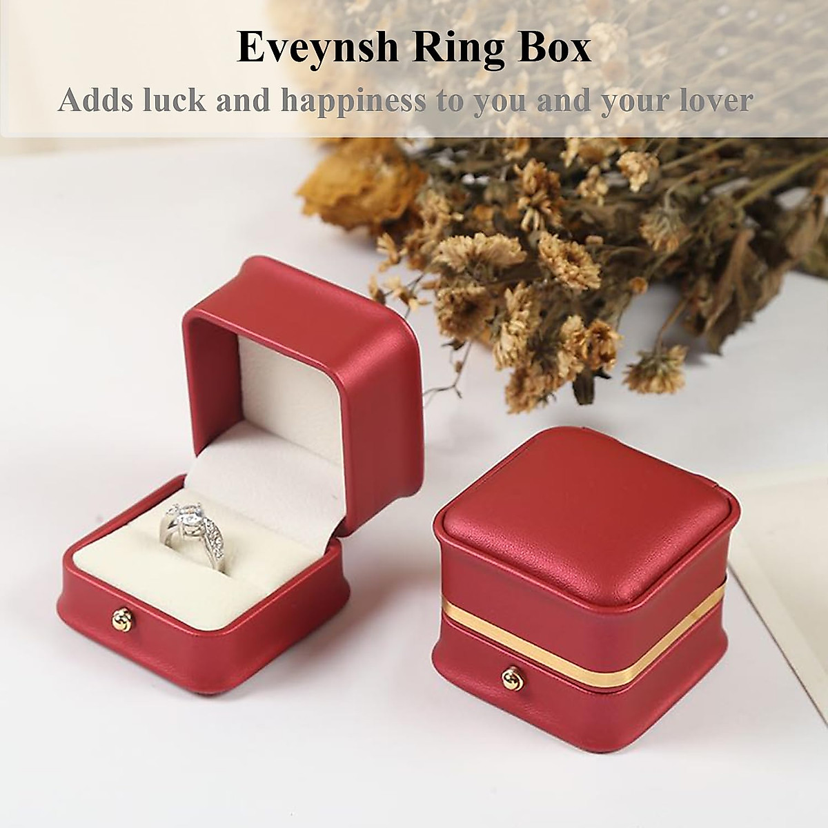 Eveynsh Wedding Engagement Ring Box Red, Square Leather Velvet Jewelry Ring Bearer Box, Premium Gorgeous Vintage Single Slot Ring Box for Proposal, Ceremony, Anniversary, Gift