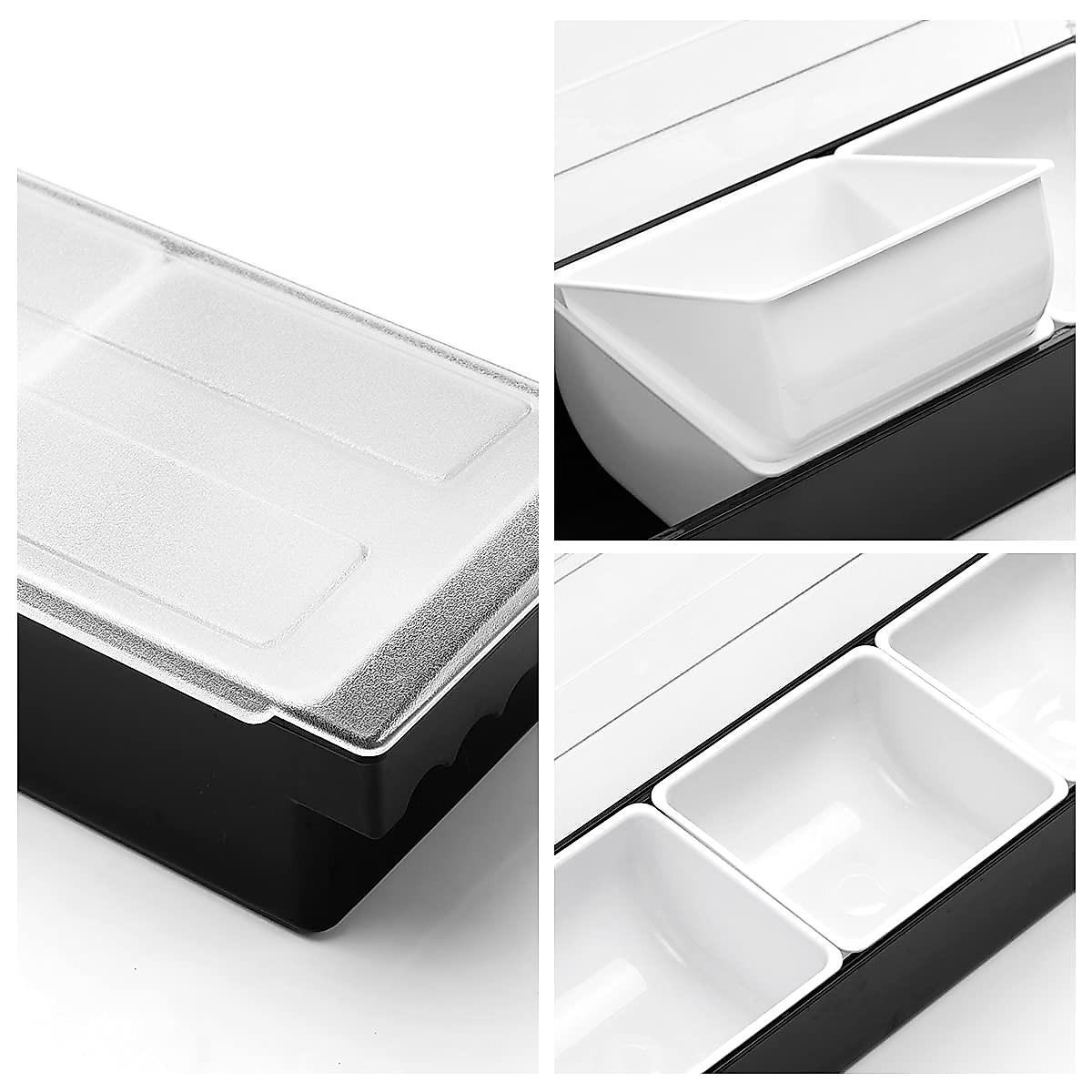 kinsong KINSONG Ice Chilled Serving Tray Condiment Pots 3 Compartment Condiment Server Caddy (Black, 3 Compartments)