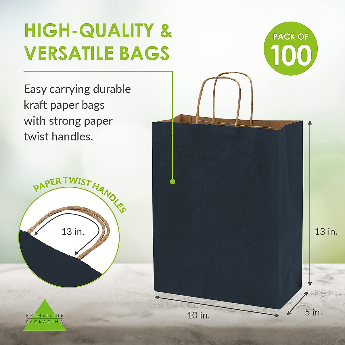 Prime Line Packaging 10x5x13 100 Pack Navy Blue Gift Bags with Handles, Medium Paper Bags for Gift Wrapping, Shopping Bags for Small Business, Retail