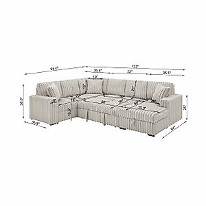 RENDGO 122“ Oversized Sectional Sleeper Sofa with PullOut Bed, U Shape Sectional Couch with Storage Chaise Lounge for Apartment Living Room, 6 Seat Corduroy Sofa with USB Port, Khaki