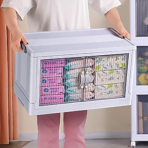 MOPUP 264 QT Stackable Storage Bins with Lids and Doors and Wheels - 4 Pack 16 GAL Plastic Storage Bins,White Closet Organizers and Storage,Dual Open Doors Collapsible Storage Bins for Home and Office