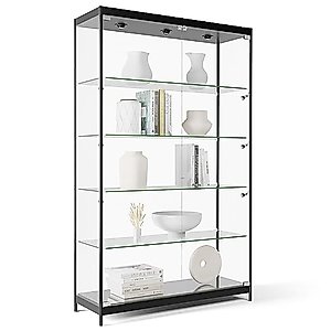 Displays2go 48 Inch Glass Display Case, Nine LED Lights, Four Shelves, Lockable Hinged Doors - Black (LESC4816BK)