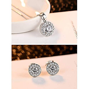 YooAi Jewellery Set Round Pendant Necklace Earrings and Bracelet Set Cubic Zirconia Jewellery for Women Round Silver