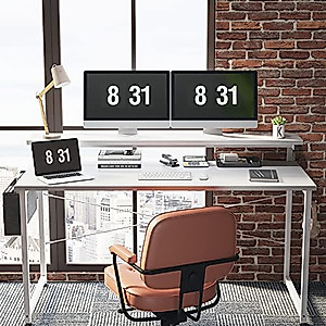ODK Computer Desk with Adjustable Monitor Shelves, 63 inch Home Office Desk with Monitor Stand, Writing Desk, Study Workstation with 3 Heights (10cm, 13cm, 16cm), White + White Leg