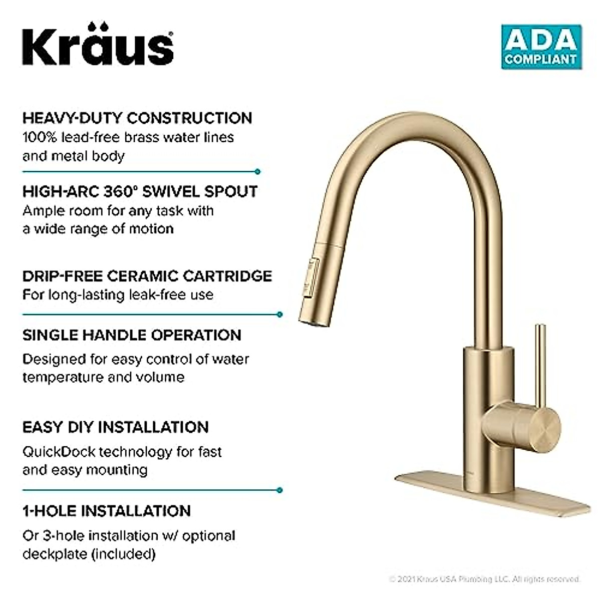 KRAUS Oletto Pull-Down Single Handle Kitchen Faucet with QuickDock Top Mount Installation Assembly in Spot Free Antique Champagne Bronze, 15 1/8 Inch, KPF-2620SFACB