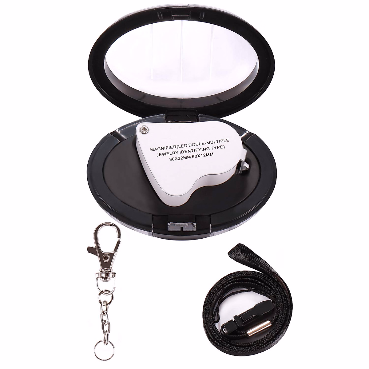 Jiusion Portable Lighted LED Illuminated Jewelry Magnifier 30X 60X Wearable Handheld Dual Lens Eye Loupe Magnifying Glasses Micro Microscope with Keychain and Lanyard