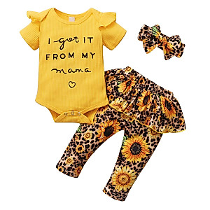 MIEKISA Newborn Baby Girls Three-piece Suit T Shirt Rompers Pants Headband Infant Outfit Clothing Sets Bodysuit (Yellow, 3 Months)