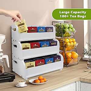 Tea Bag Storage Organizer Box - Bamboo Tea bags Holder 3-Tier Stackable Wall Mount Large Capacity Tea Caddy Containers for Pantry Countertop Kitchen Counter Cabinet Office (White)