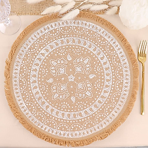 TABLECLOTHSFACTORY 4 Pack | Natural 15" Jute & White Print Fringe Placemats, Rustic Round Woven Burlap Tassel Table Mats