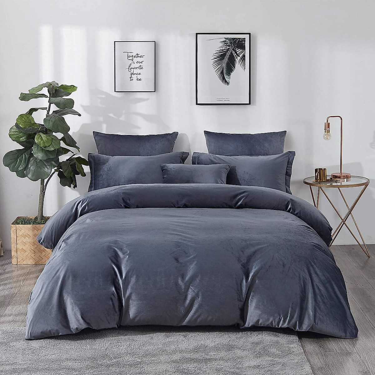David's Home Velvet Duvet Cover Set King, Soft and Luxurious Flannel Comforter Cover 3PCS with Corner Ties, Button Closure, 106” x 92”, Greyish Blue, No Insert