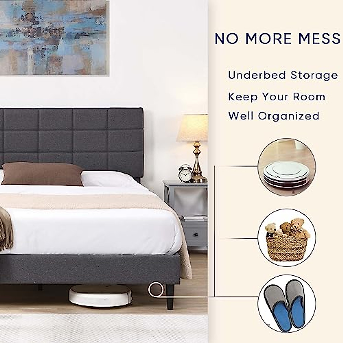 TMEOSK Queen Size Upholstered Platform Bed Frame with Fabric Headboard and Wooden Slats Support, Mattress Foundation, No Box Spring Needed for Boys Girls Teens Adults, Under Bed Storage (Gray)