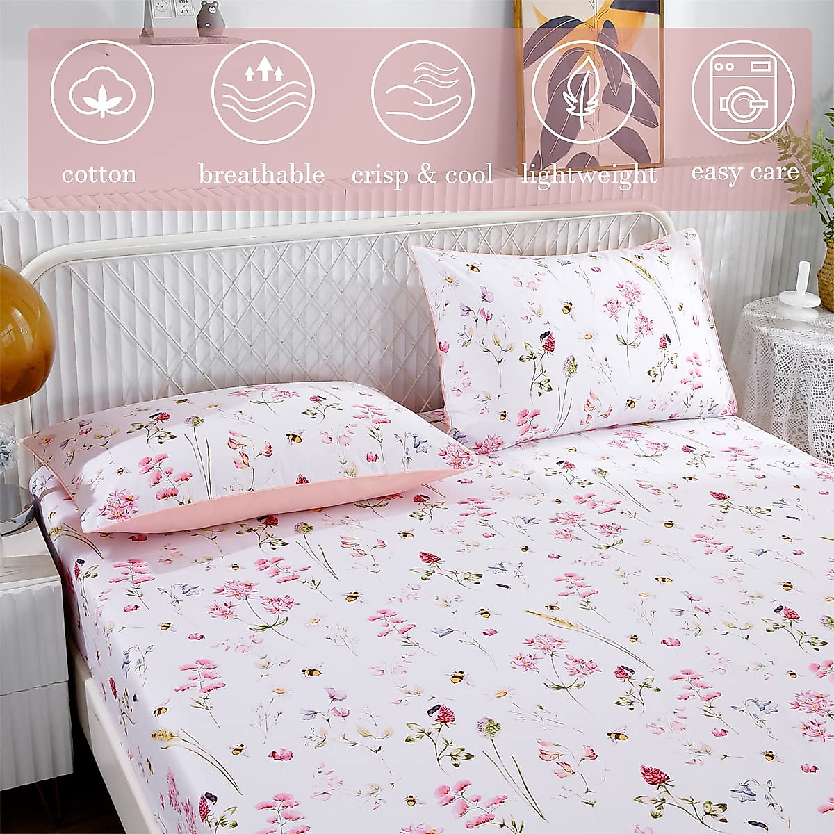 URBONUR 100% Egyptian Cotton Bed Sheets Full Size Set 4 Pcs,Cooling,Breathable Soft & Silky Percale Weave Floral Sheets Fits Mattress Up to 16" Deep Pocket (Pink Flowers & Bees, Full)