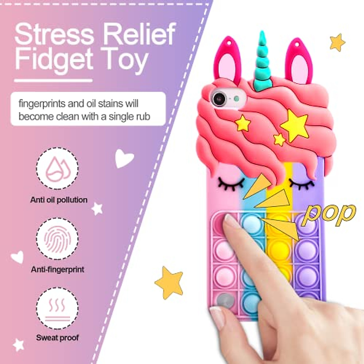 iPod Touch 7 Case, Kakotomy Kawaii Stress Relief Fidget Toy 3D Phone Cases with Strap for Girls Kids Teen, Cute Unicorn Pop it Bubble Silicone Case Protective for Apple iPod Touch 5/6/7th Generation