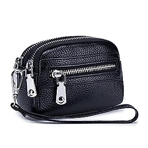 Genuine Leather Mini Genuine Leather Coin Pouch Wallet Wristlet Handbag hand strap clutch (Black)