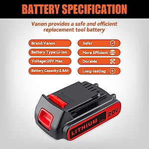 VANON 2Pack 3800mAh LBXR20 20V MAX Battery Replace for Black & Decker 20V Battery Lithium ion LBXR20 LBXR20-OPE LB20 LBX20 LBX4020 LB2X4020-OPE