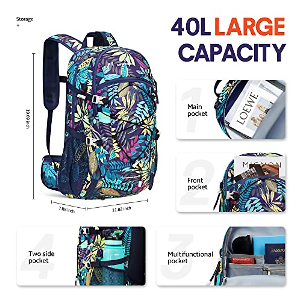 SAVVY NOMAD 40L Hiking Travel Packable Lightweight Camping Backpack Daypack with Removable Belt Bag for Women Men-Purple Leaf