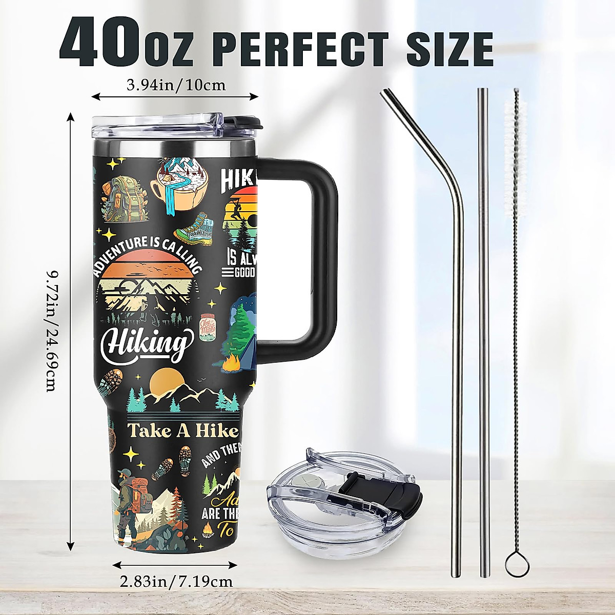 HYMONA 40oz Insulated Hiking Water Bottle - Double Wall Vacuum Coffee Tumbler for Outdoor Adventures, Camping Travel Mug with Straws (Mountain Design), Perfect Hiker Gift for Men & Women