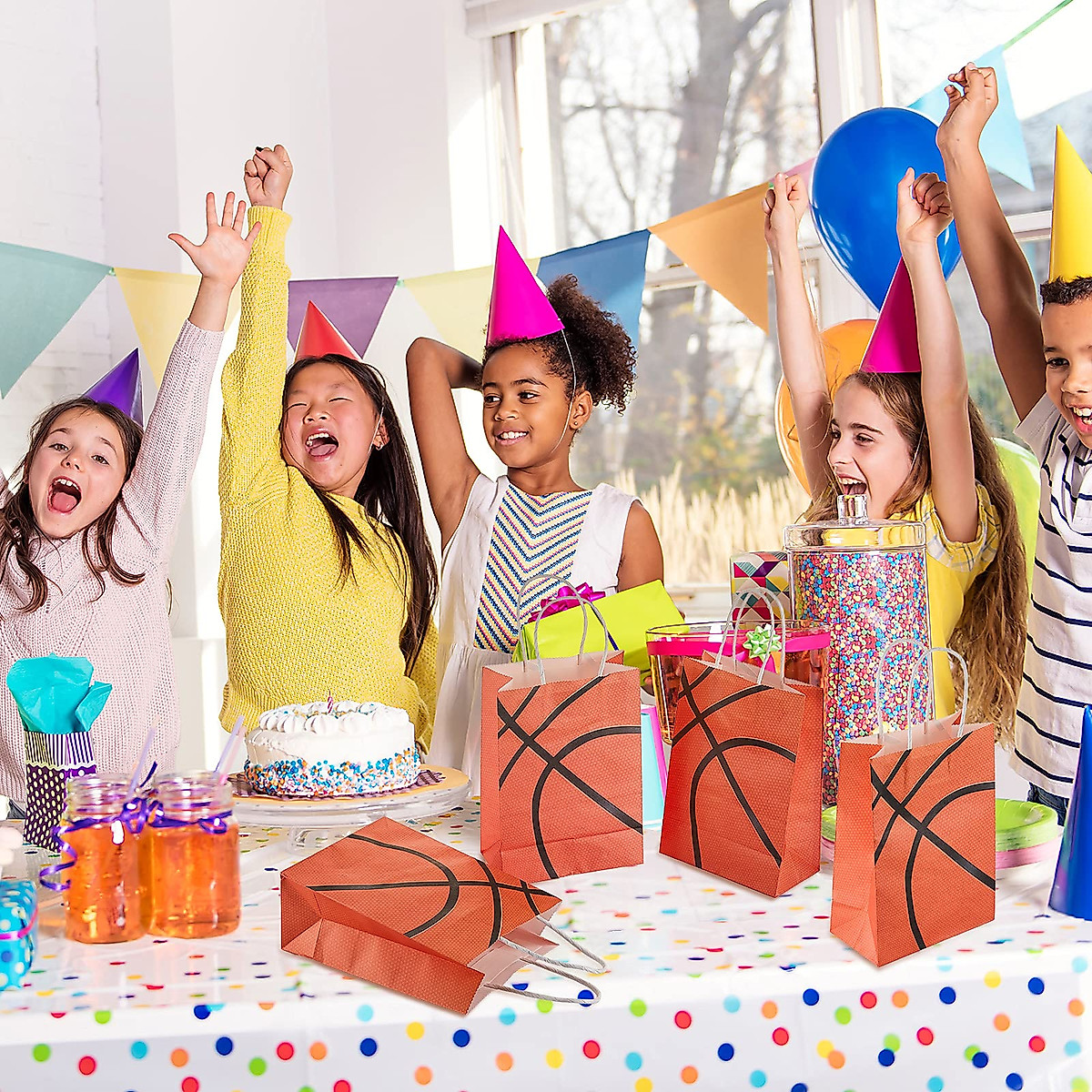 12 Pcs Basketball Party Gift Bags Party Favor Goody Treat Candy Bag with Handles Basketball Snack Bags Basketball Theme Birthday Party Supplies Birthday Decor Decorations for Kids Boys Teens Adults