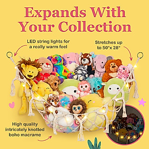 Stuffed Animal Storage Macrame Hammock w/String Lights, Large - Boho Room Decor Toy Storage - Corner Hanging Plushie Stuffed Animal Net Organizer (Mint)