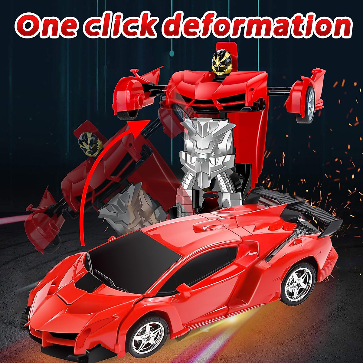 Transformable Remote Control Car for Boys 4-7 8-12 Gifts, 1:18 Transform Robot Toy Car with 360° Rotating Led Lights & One Button Deformation, Kids Robot Toys for 3 4 5 6 7 8 9 10+Years Old, Red