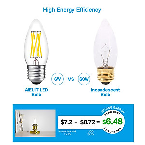 AIELIT E26 Candelabra LED Bulbs Daylight, Dimmable Bright White 5000K, 6W B11 Candle Light Bulb 60 Watt Equivalent for Bathroom Vanity Dining Living Room Kitchen Chandelier Pendant Lights, 4-Pack