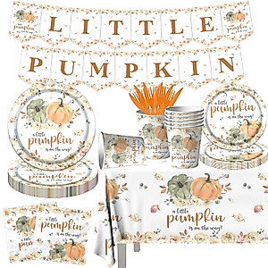 Little Pumpkin Baby Shower Tableware Party Decorations A Little Pumpkin is on The Way Fall Farm Pumpkin Floral Thanksgiving Party Supplies Disposable Tablecloth,Plates,Napkins,Cups
